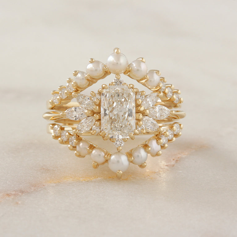 Emerald Cut Diamond Engagement Ring "Spark" and Pearls & Diamonds Wedd ...