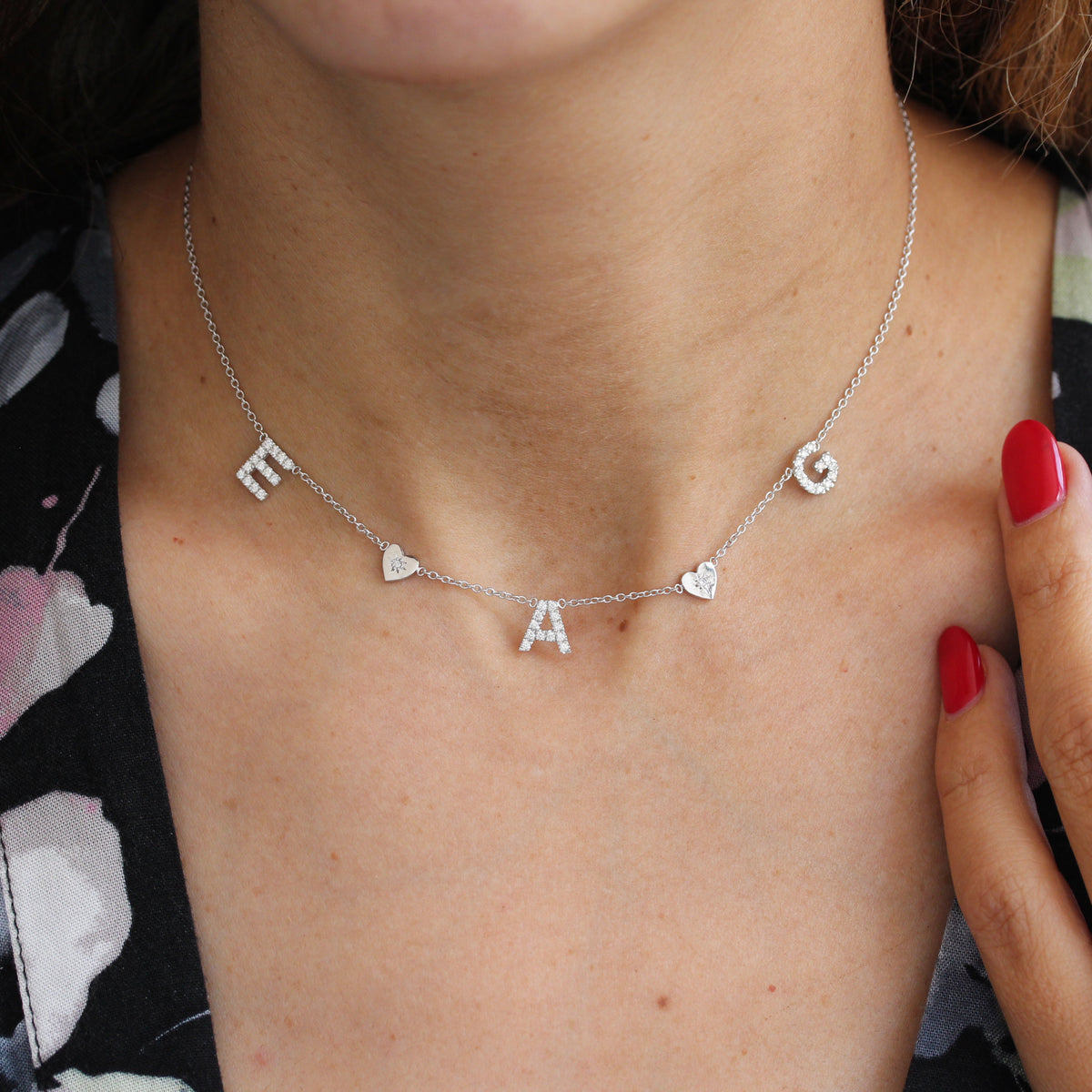 3 Letters and two Hearts and Pave Diamond Initials Personalized Neckla ...