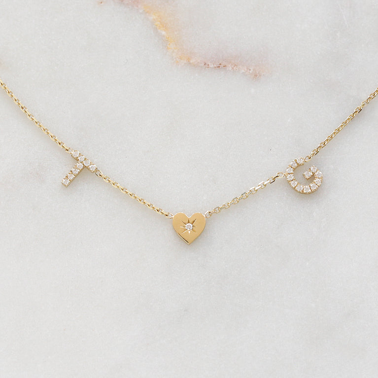 Two Diamond Initials with a Heart - Personalized Diamond Necklace ...