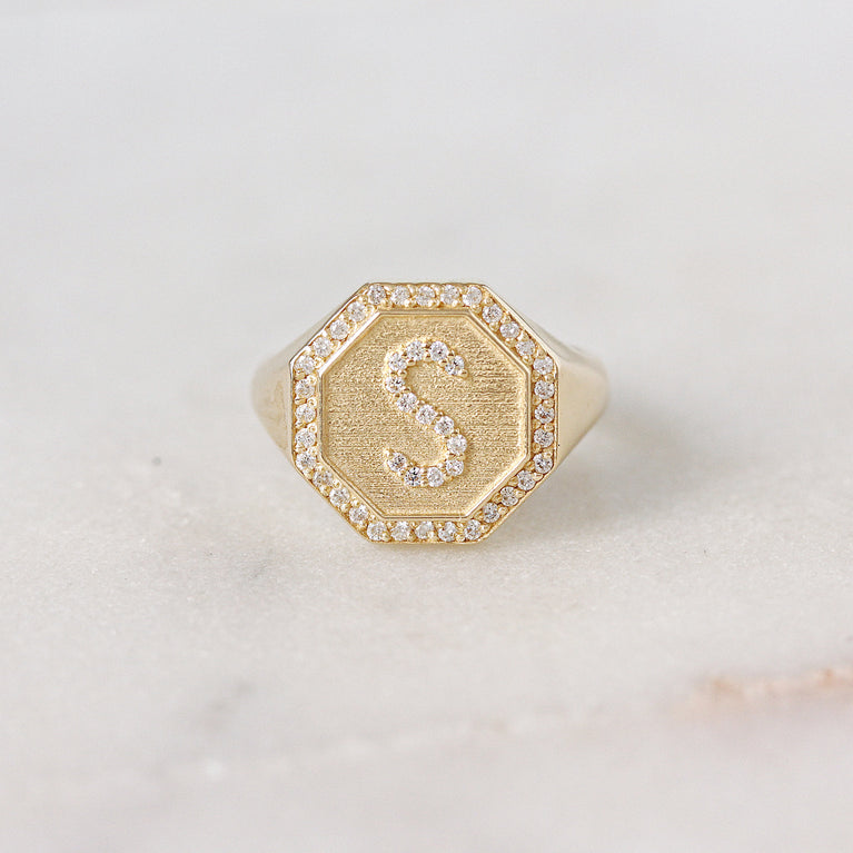 Initial Signet Ring - Octagon Signet Diamond Initial Ring - Personaliz ...