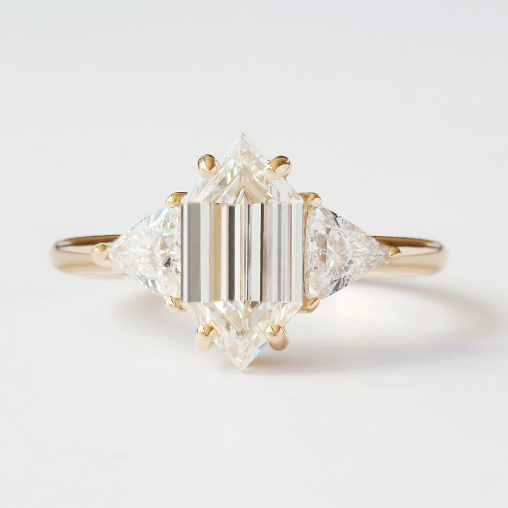 Elongated Hexagon Diamond Three Stone Engagement ring | sillyshinydiamonds