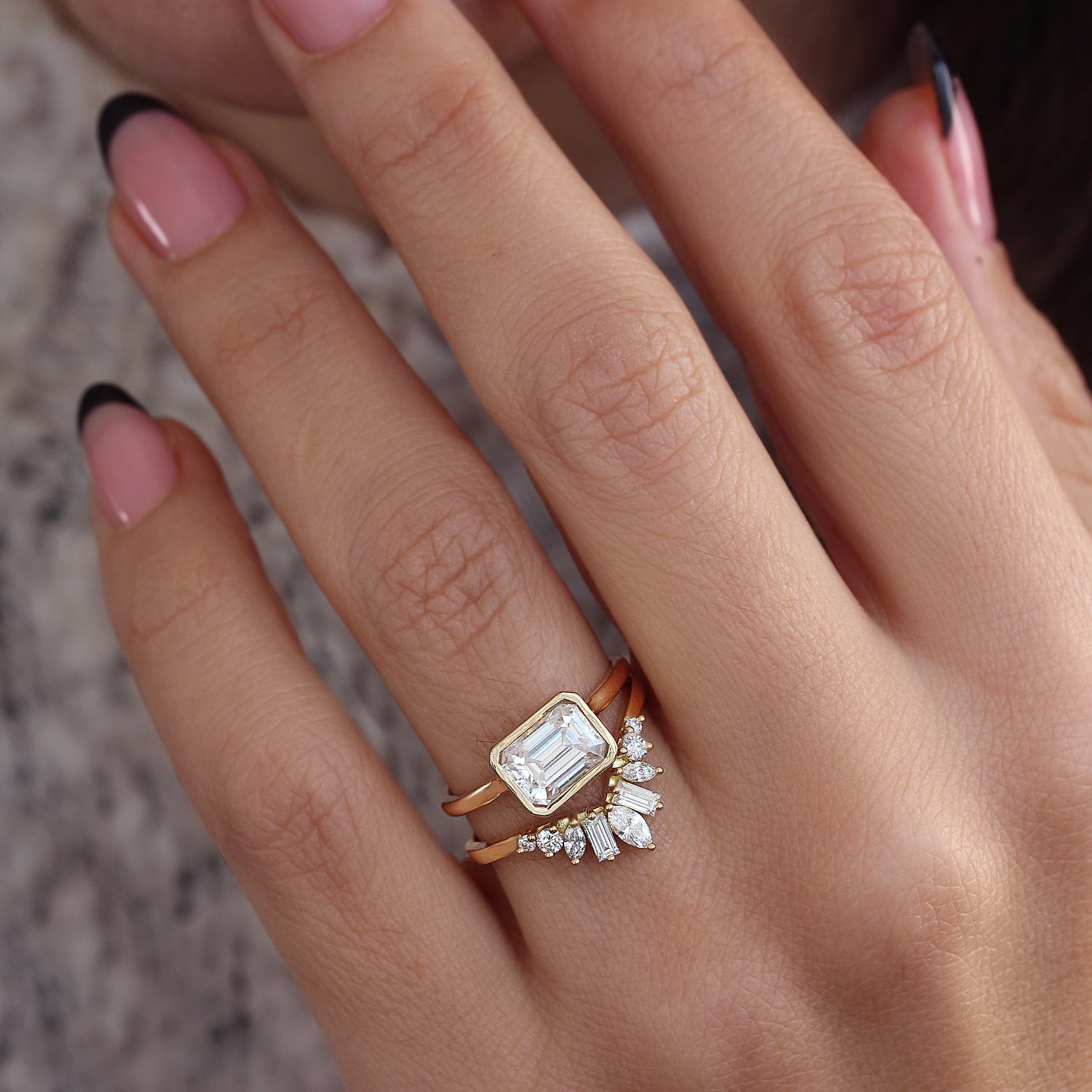 East West Emerald Cut Solitaire Bezel Set Diamond Engagement Ring With ...