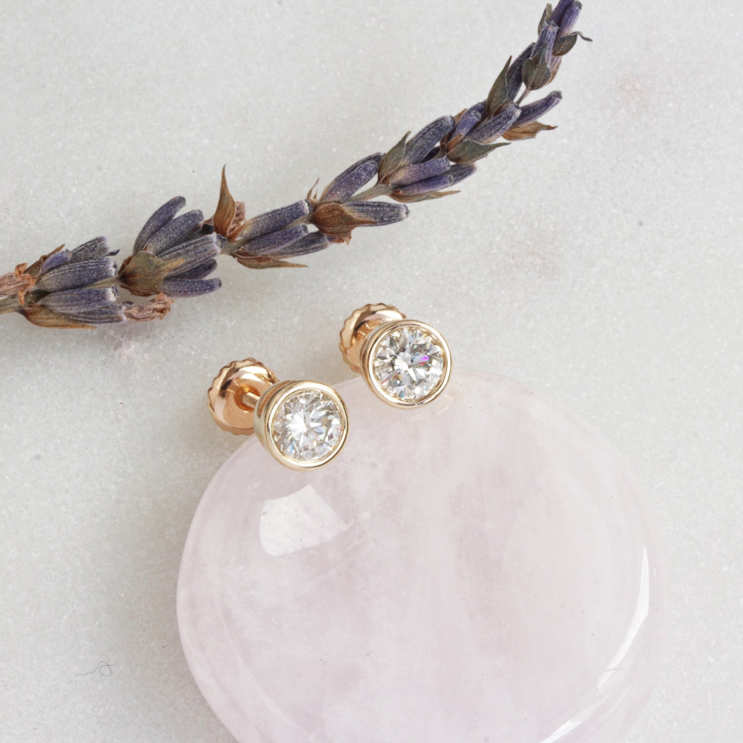 Round bezel diamond dainty stud earrings | sillyshinydiamonds