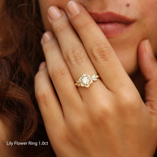 Lily Flower Round Diamond Engagement Ring | sillyshinydiamonds