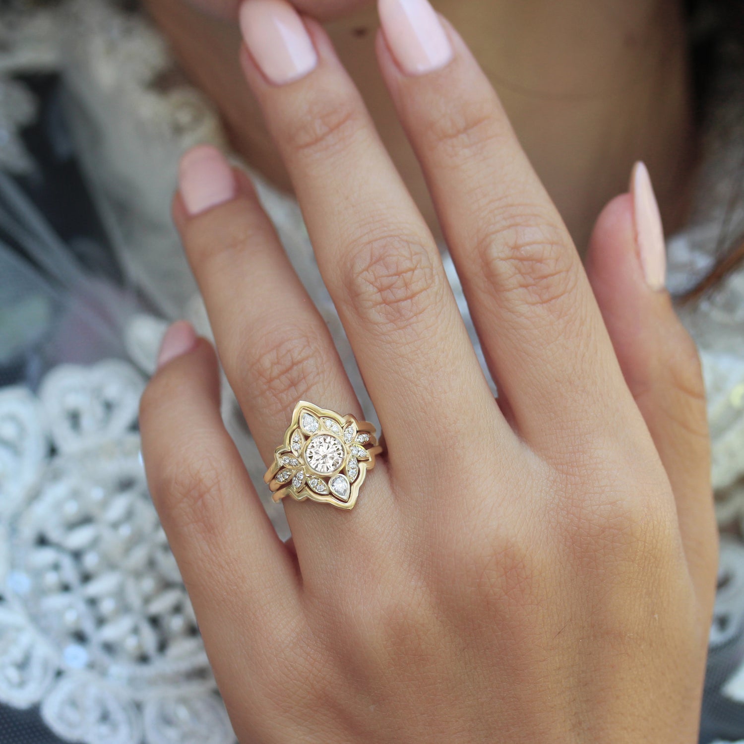 Flower Diamond Engagement Ring Set Gold Ring Guard Lily #5 ♥ ...