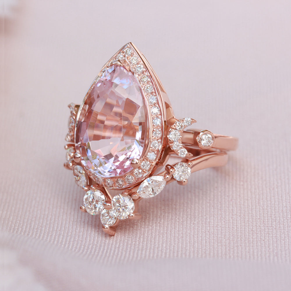 Pear shape Morganite Engagement Two Rings Set - Moonchild ...