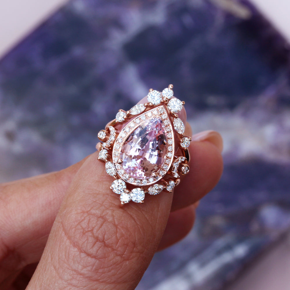 Pear shape Morganite Engagement Two Rings Set - Moonchild | sillyshinydiamonds