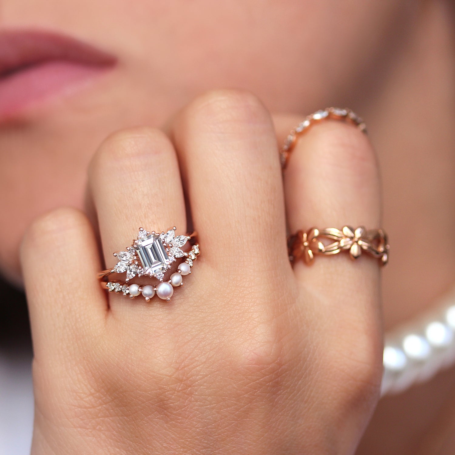 Emerald cut Diamond Engagement ring "Spark" and Pearls & Diamonds Wedd ...