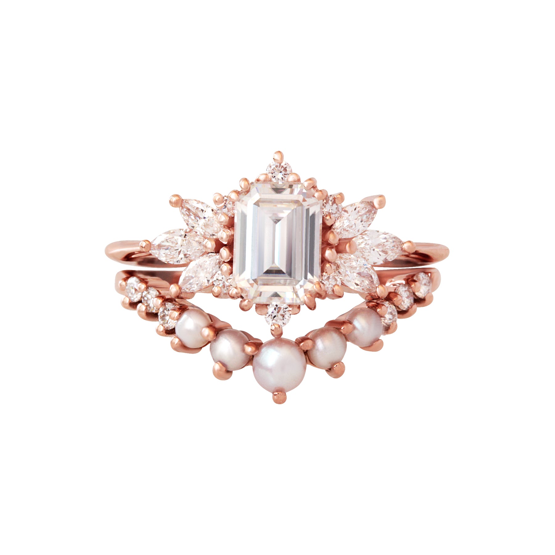 Emerald cut Diamond Engagement ring "Spark" and Pearls & Diamonds Wedd ...