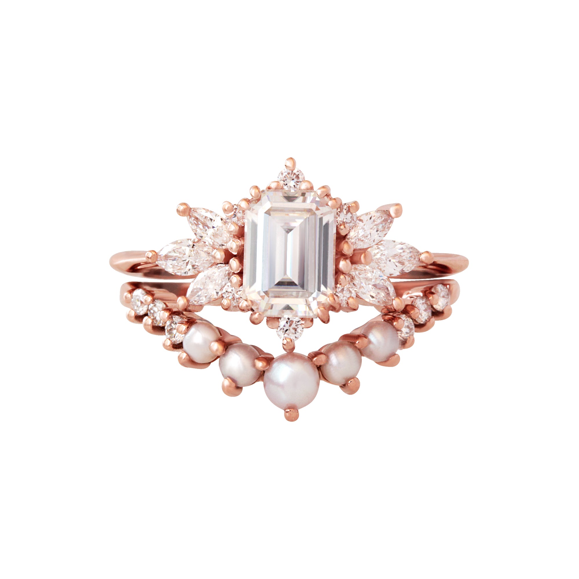 Emerald cut Diamond Engagement ring "Spark" and Pearls & Diamonds Wedd ...