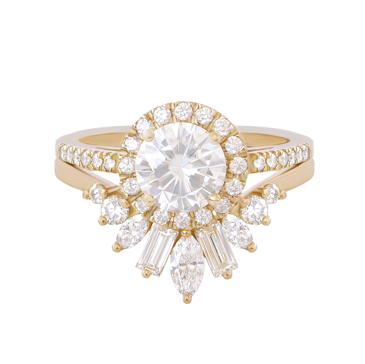 Classic Round Diamond Halo Engagement Ring With Curved Wedding Band, B | sillyshinydiamonds