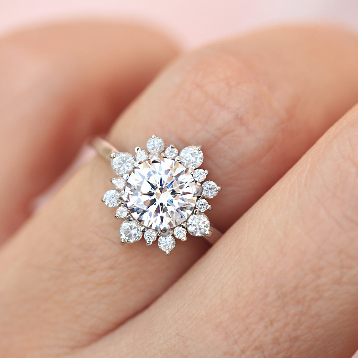 Round diamond halo unique engagement ring, "Snowflake" – sillyshinydiamonds