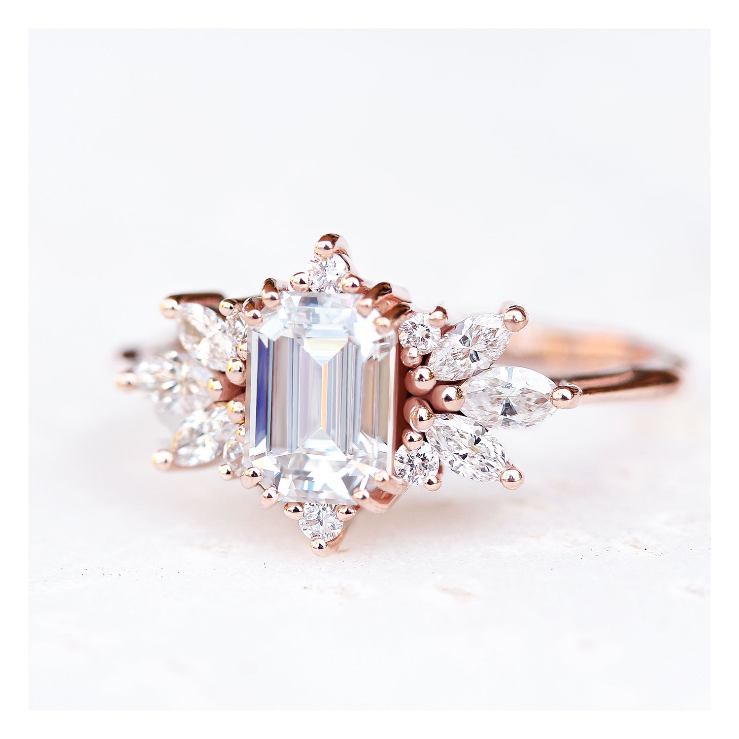 Emerald cut Diamond Engagement ring "Spark" and Pearls & Diamonds Wedd ...