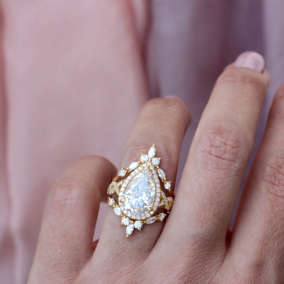 5 Carat Pear Shape Lab Diamond Unique Engagement Ring Set, Romeo and H ...